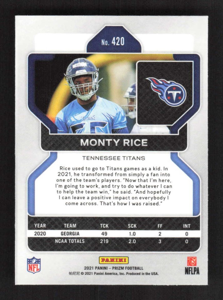 Monty Rice RC 2021 Panini Prizm Tennessee Titans #420 | eBay