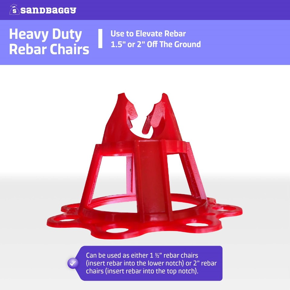 Sandbaggy Plastic Rebar Chair - Elevates Rebar 1 ½" or 2" - Rebar #3 to ...