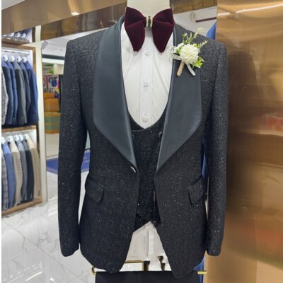 Men's Suit Fashion 3-piece Lace Jacquard Satin Shawl Collar Groom Host ...