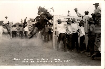 REAL PHOTO POSTCARD RODEO-NORM VENABLE ON BRAIN STORM MILES CITY ...