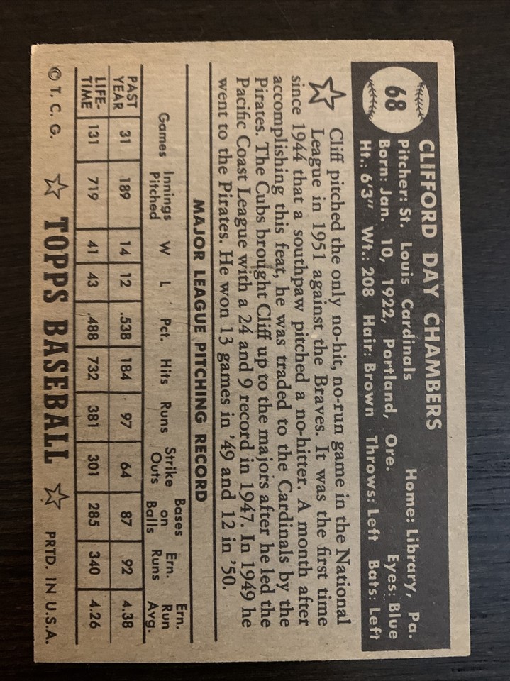 Cliff CHAMBERS 1952 Topps Baseball #68 Black Back VG/EX St.Louis ...