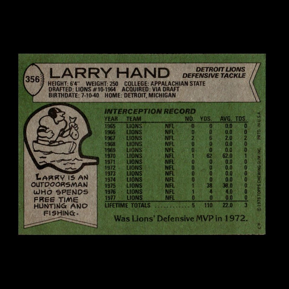 Larry Hand 1978 Topps Detroit Lions #356 R309B 2 | eBay