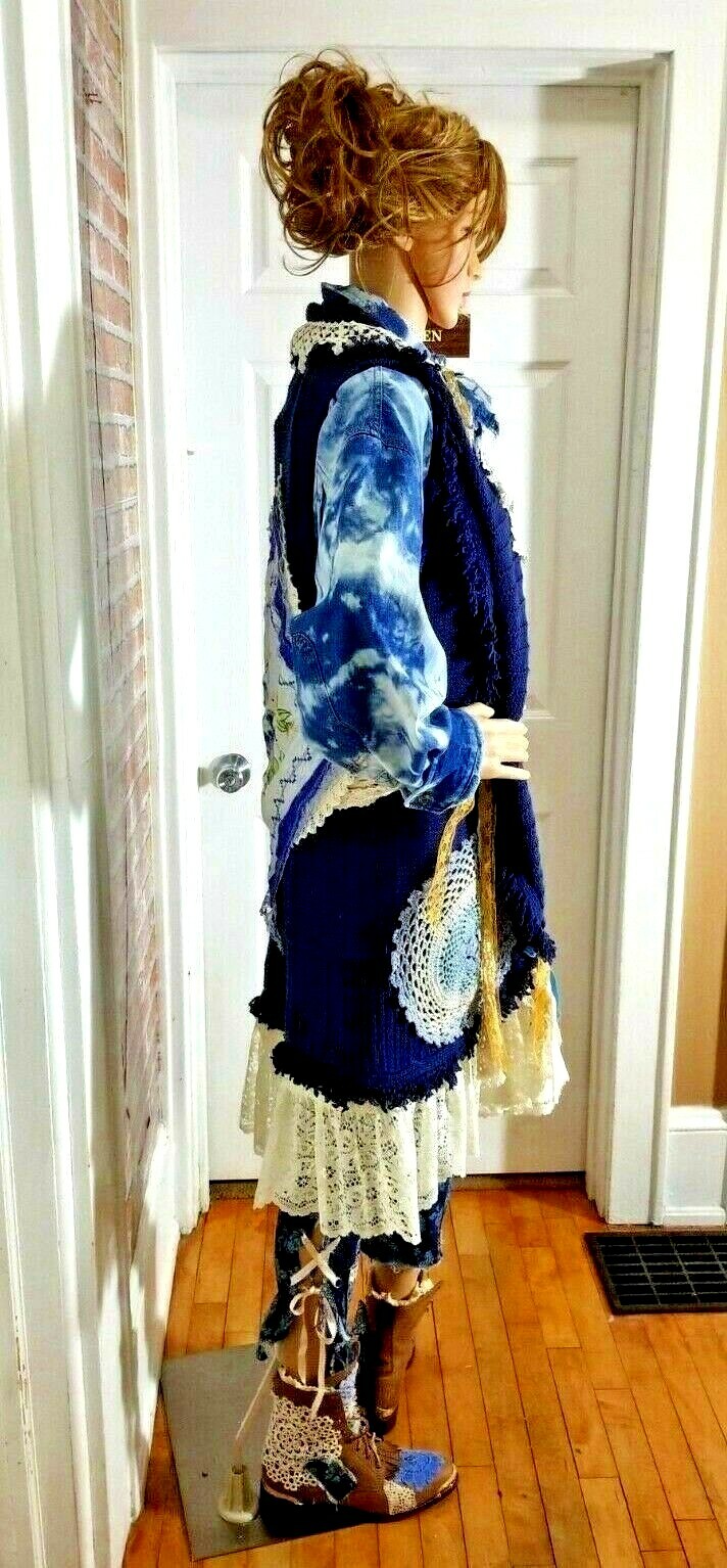 UpCycled duster Vtg Fabric Fringe boho doilies Embroidered Burning Man ...