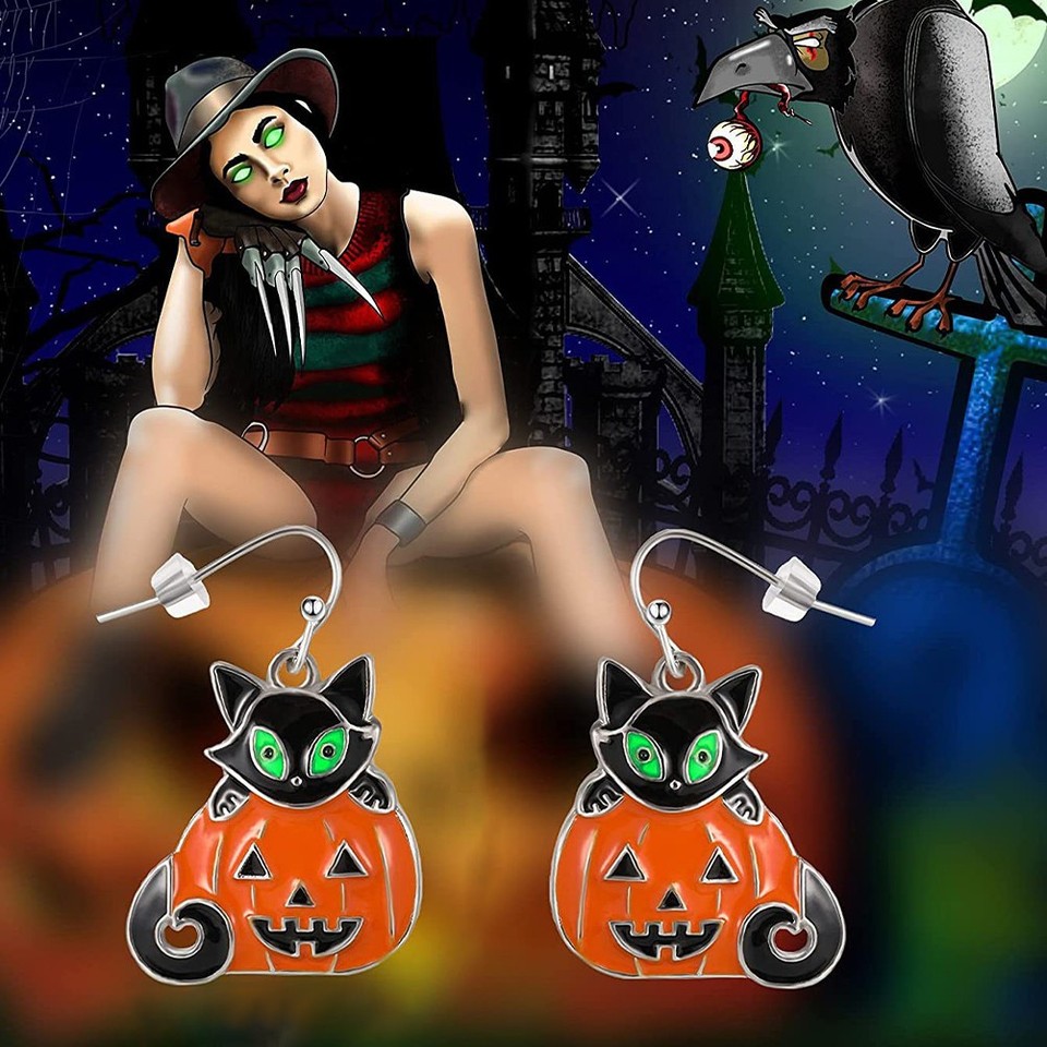 1 Pair Women Dangle Earrings Girls Halloween Earrings Pumpkin Cat Ear ...
