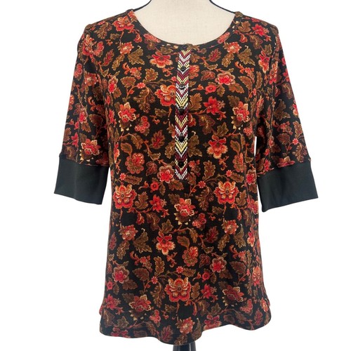 Sundance Top Medium Floral Print Tunic Top Braided 3/4 Sleeve Boho Chic ...