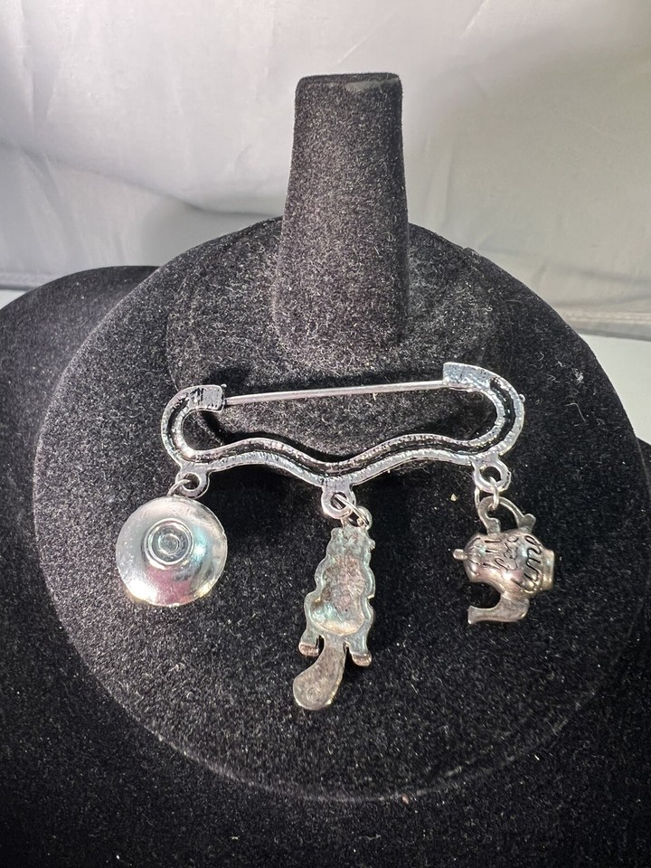 Vtg Silver Tone Safety Pin Dangling Charms Tea Pot w/Cup & Saucer ...
