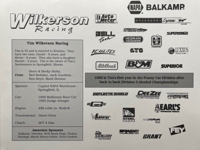 VRHTF NHRA COOL RARE "TIM WILKERSON NAPA AUTO PARTS NITRO FUNNY CAR ...