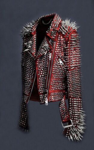 Men Punk Red Full Long Silver Spiked jacket Studded Brando Biker ...
