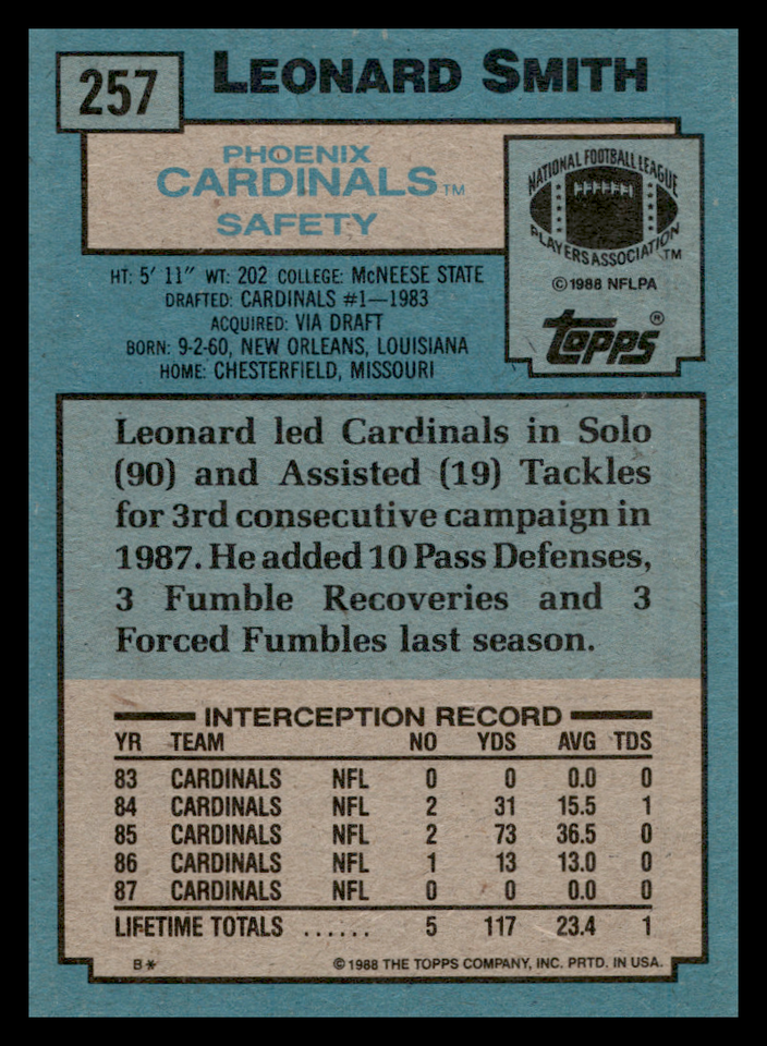 1988 Topps #257 Leonard Smith Phoenix Cardinals Rookie | eBay