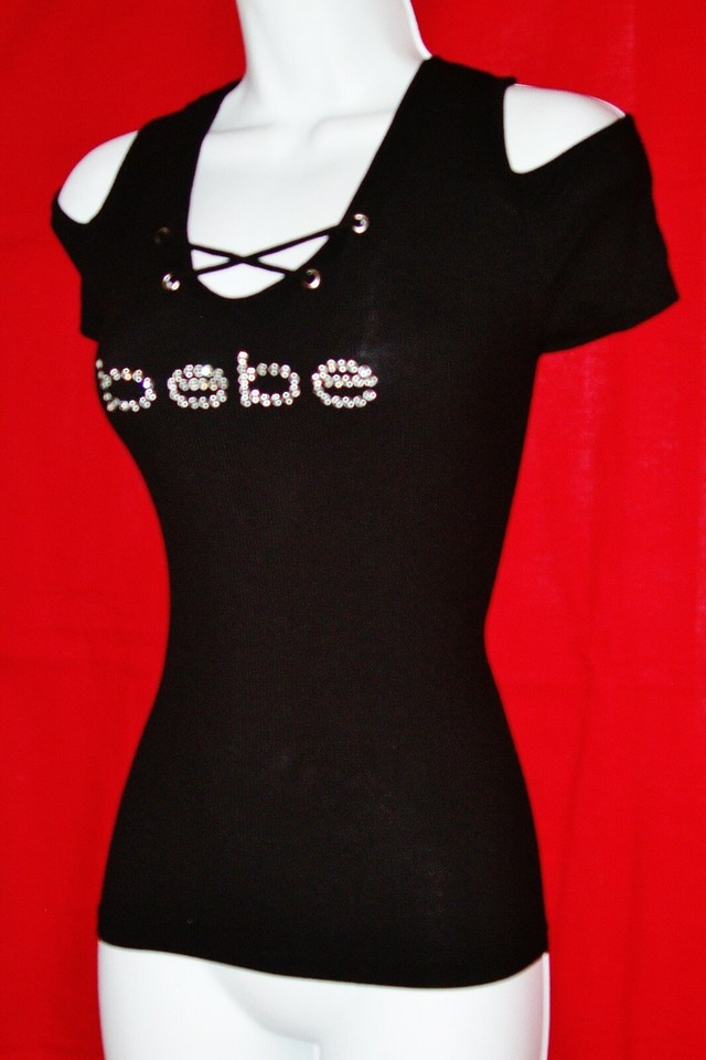 BEBE WOMEN'S SWAROVSKI CRYSTAL RHINESTONE LOGO OPEN SHOULDER TOP ...