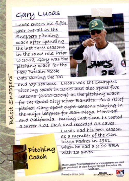 2011 Beloit Snappers Grandstand #16 Gary Lucas Pitching Coach Baseball ...