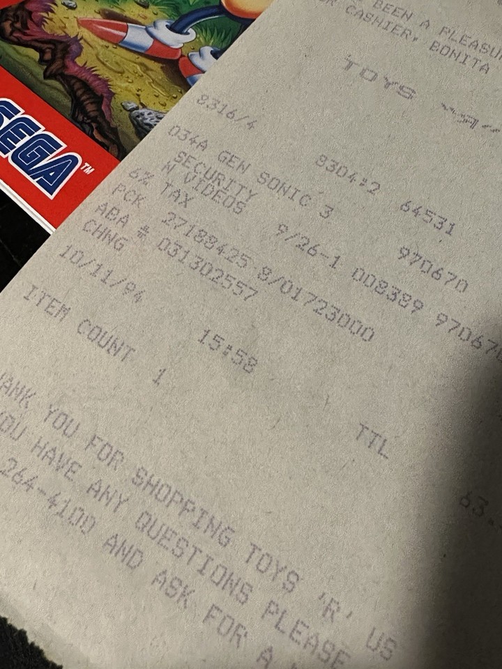 Sonic The Hedgehog 3 - Genesis Complete Original Receipt - Plus Sonic ...