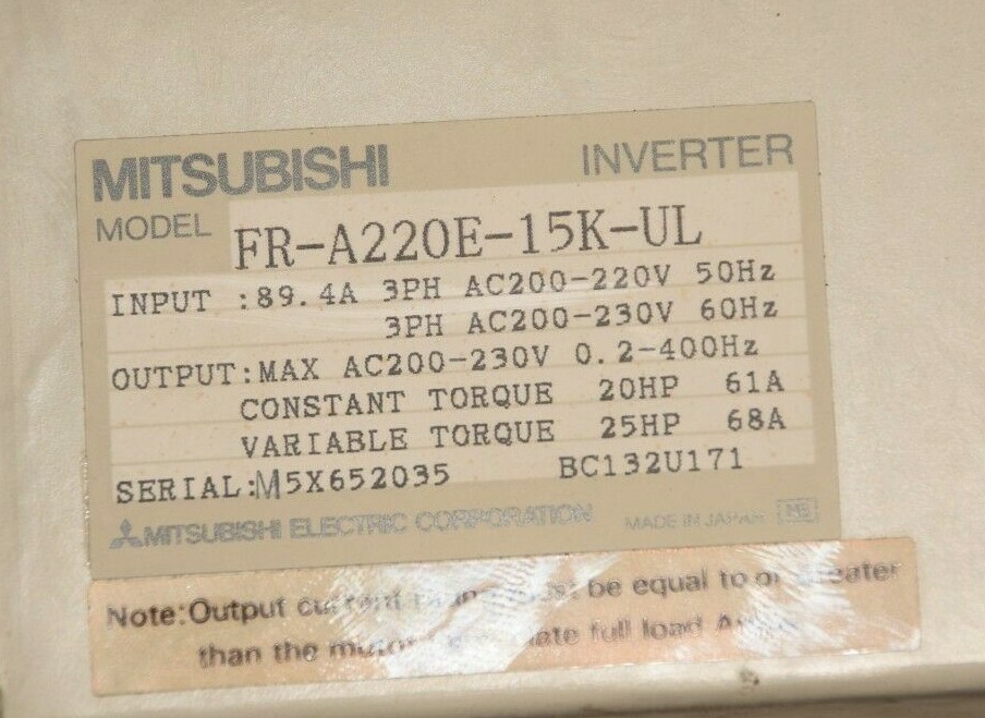 Mitsubishi FR-A220E-15K-UL 20HP Freqrol A200 Inverter Drive FR-A220-15K ...