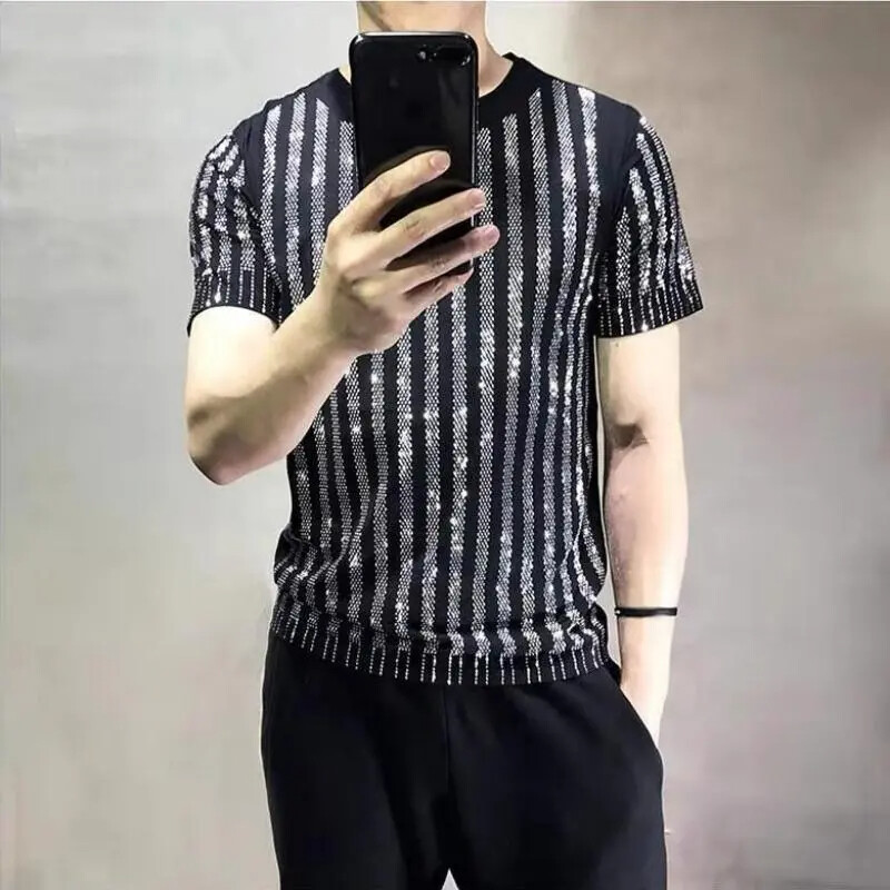 New Men Luxury Diamond Rhinestones Fashion Black T-Shirt High Quality ...