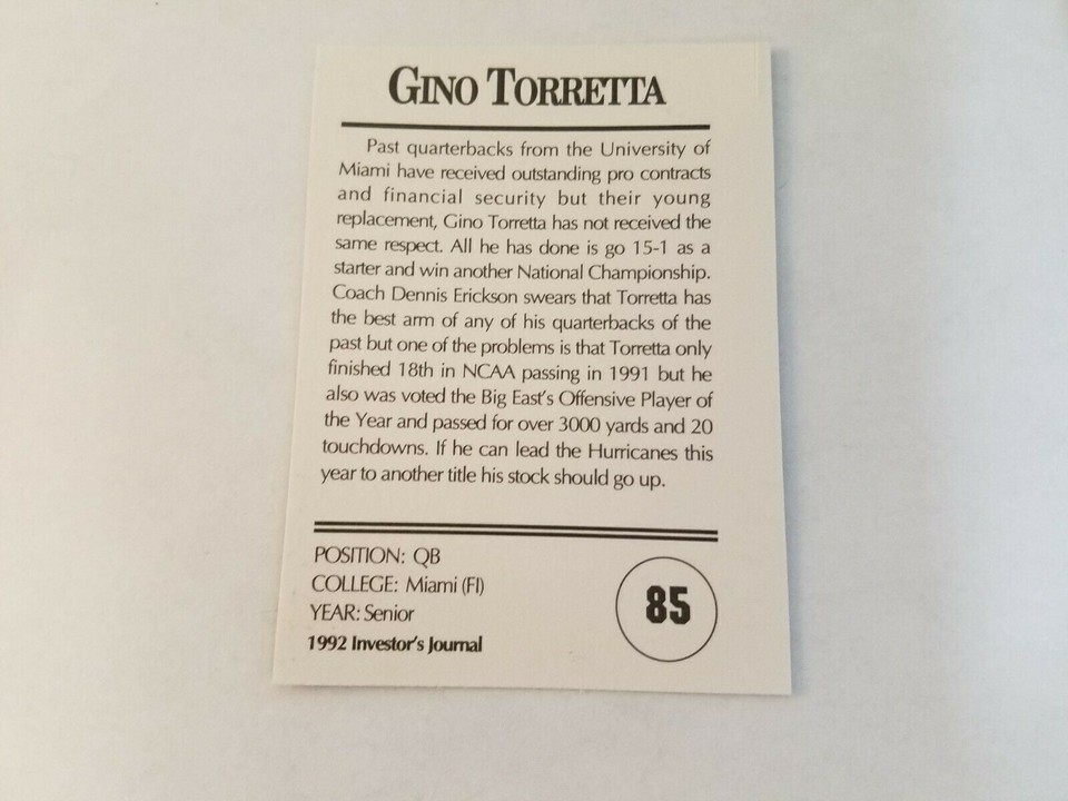 Gino Torretta University Miami Hurricanes Rookie Investor's Journal ...