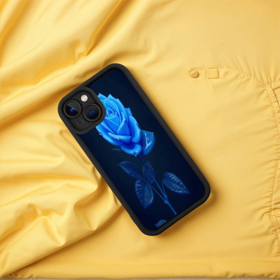 Lightweight iPhone 15 Case - Stunning Blue Rose Design on Black ...