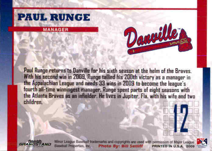 2009 Danville Braves Grandstand #30 Paul Runge Jupiter Florida FL ...