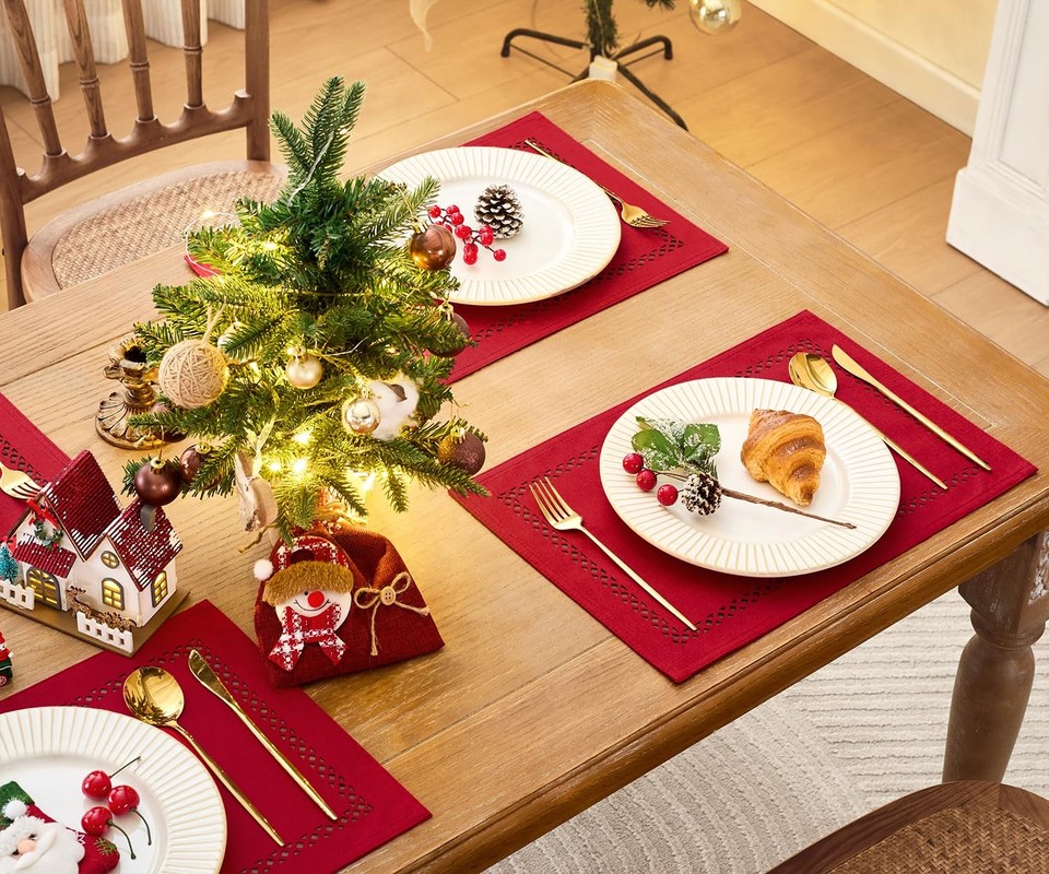Red Placemats Set of 6, 12 x 18 Inch Rustic Geometric Hollow Place Mats ...