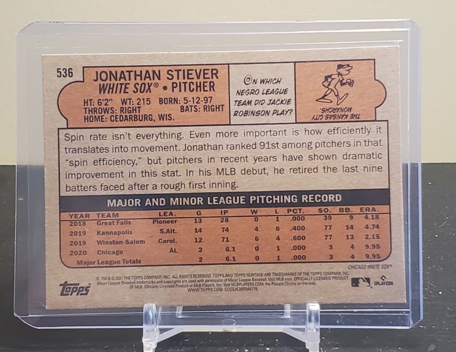 2021 Topps Heritage High Number - JONATHAN STIEVER - White Sox RC #536 ...