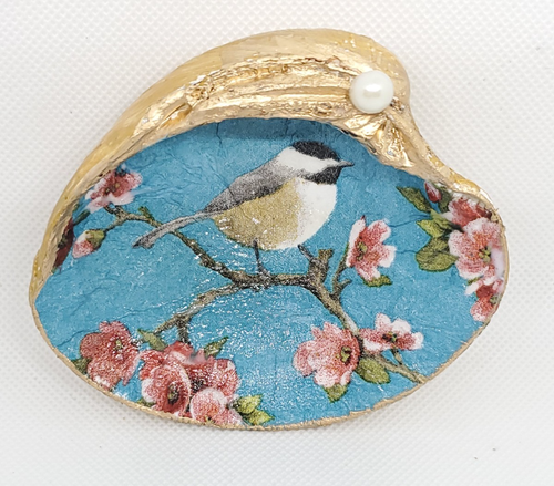 Shells Decoupaged Birds hand paint Shell Gold Trim Trinket Dish Faux ...