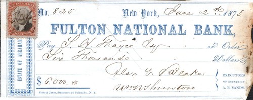 1873 CHECK SANDS ESTATE * FULTON NATIONAL BANK NEW YORK G WASHINGTON US ...