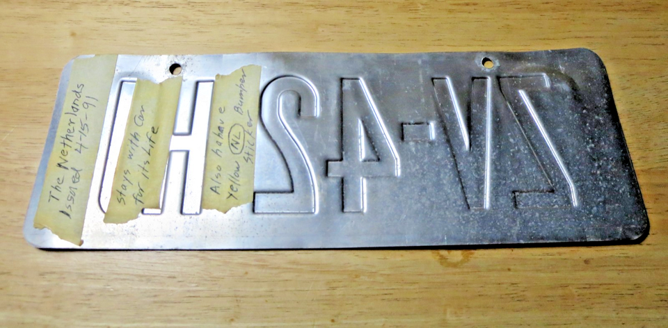 Netherlands Dutch License Plate 12" ZV-42-HJ 1991 Motor Vehicle Yellow ...