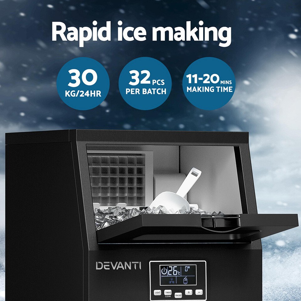 Devanti Commercial Ice Maker Machine 30kg Ice Cube Tray Bar Stainless ...