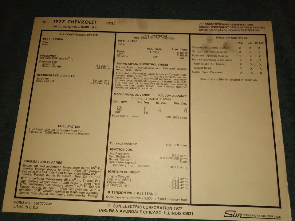 1977 CHEVROLET VEGA 140 I-4 ENGINE SUN TUNE-UP CHART / 1BBL CARB | eBay