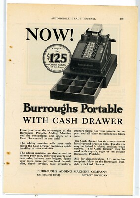 1928 Burroughs Adding Machine Co. Ad: 6 Column Portable w/ Cash Drawer ...