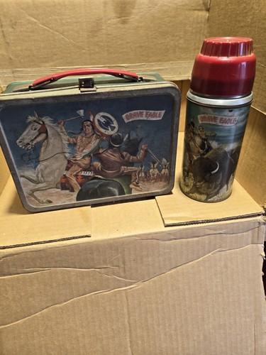 Vintage 1957 Brave Eagle Metal Lunch box w/ Thermos American Thermos ...