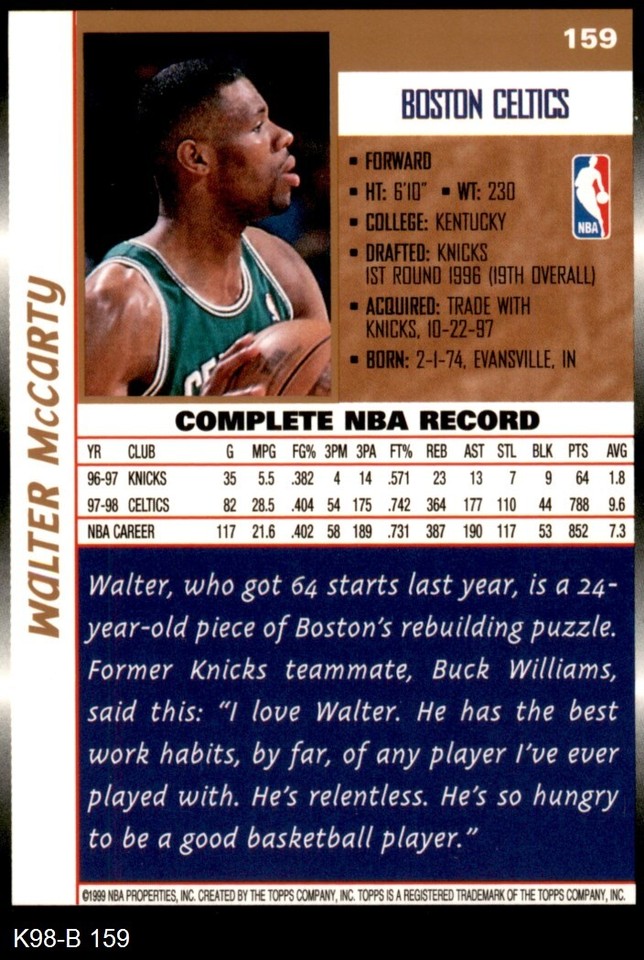 1998 Topps #159 Walter McCarty Celtics 8 - NM/MT | eBay