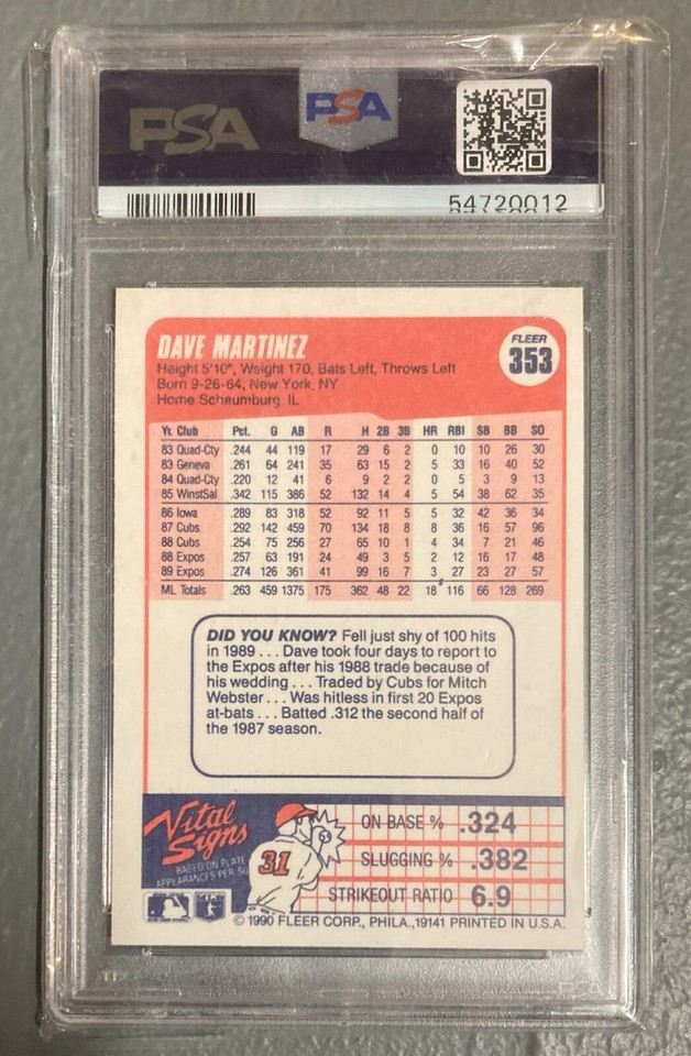 1990 FLEER # 353 DAVE MARTINEZ YELLOW 90 ERROR PSA 9 MINT LOW POP ...