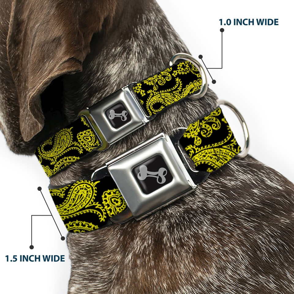 Dog Collar Bone Paisley Black/Neon Yellow WIDE-Small 13-17" | eBay