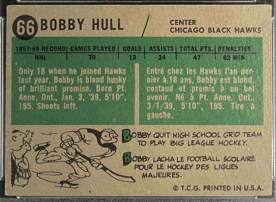 1958-59 Topps Hockey #66 Bobby Hull Rookie Card RC Vintage Graded PSA 3 ...