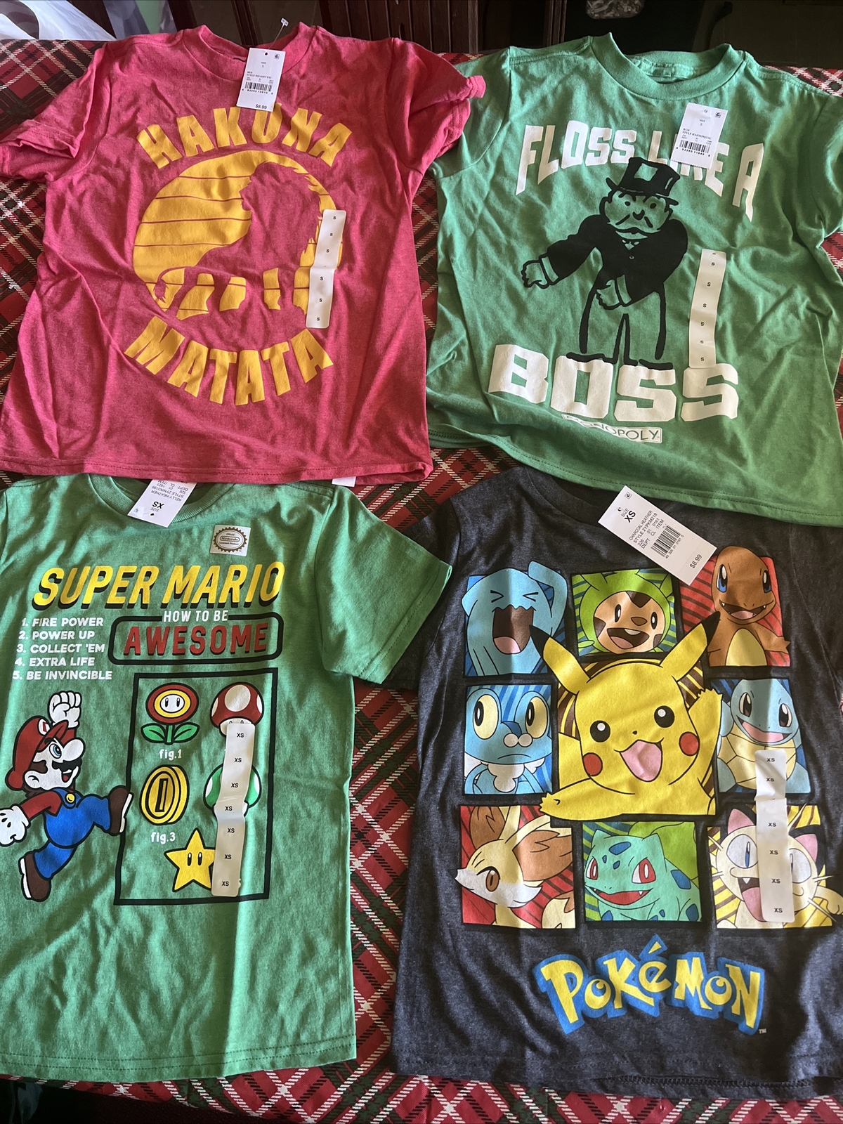 Lot of 4 Kids Shirts XS S Super Mario Pokemon Lion King Monopoly Hakuna ...