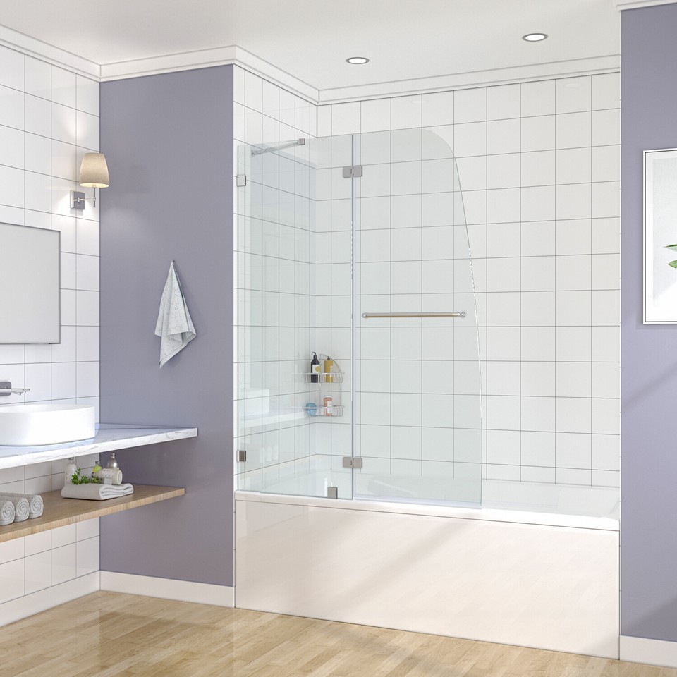 SUNNY SHOWER Frameless Pivot Shower Tub Door Clear Tempered Glass ...