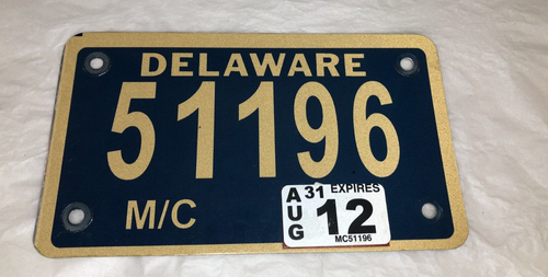 Delaware Motorcycle License Plate 51196 Aug 31 2012 Sticker M/C | eBay