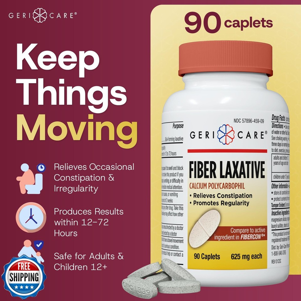 GeriCare Fiber Laxative - 625mg Calcium Polycarbophil Fiber Supplement ...