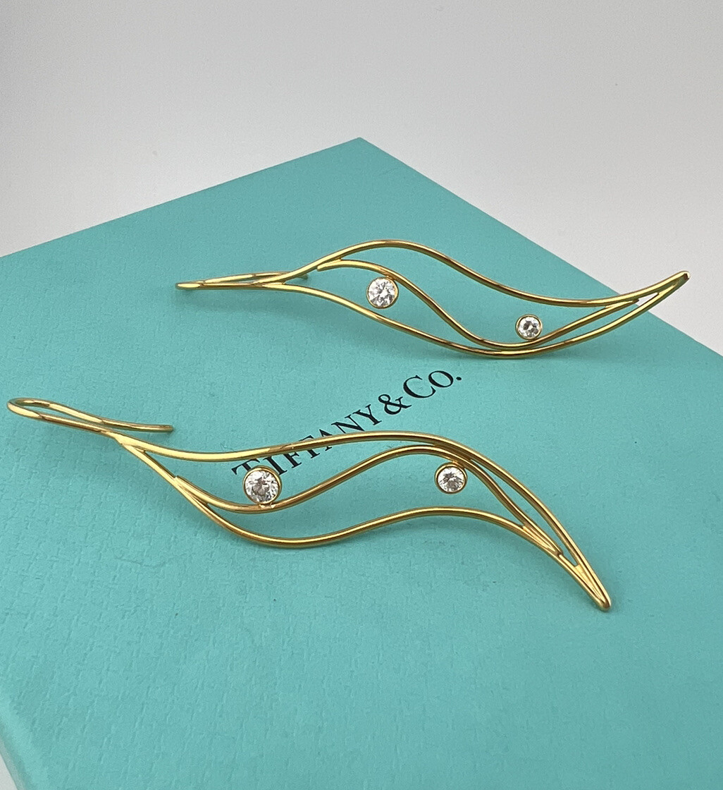 RARE Tiffany & Co. 18k Elsa Peretti Wave Diamond Earr… - Gem