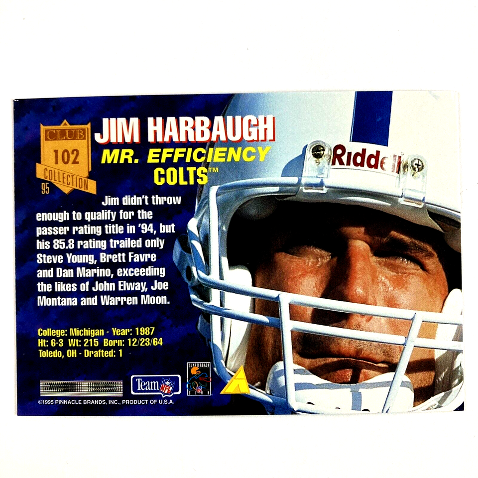 Jim Harbaugh 1995 Pinnacle Club Collection Card #102 Indianapolis Colts ...