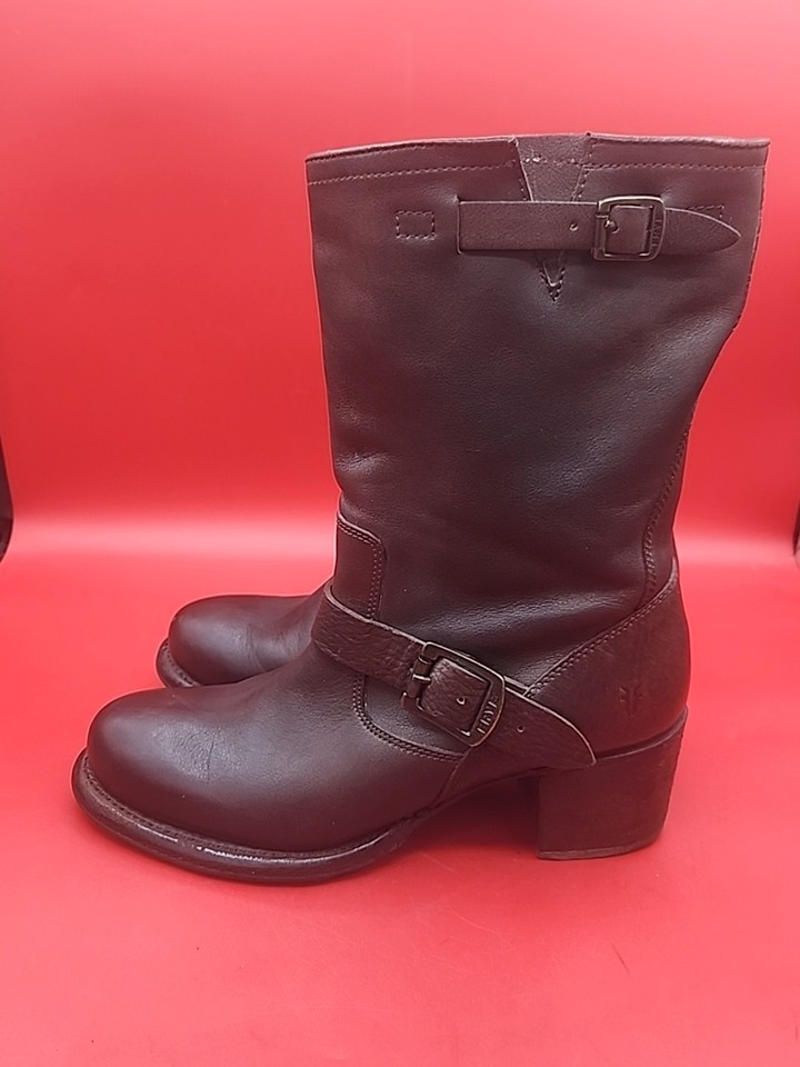 FRYE BROWN LEATHER Block Heel Veronica Short Moto Biker Harness Boots ...