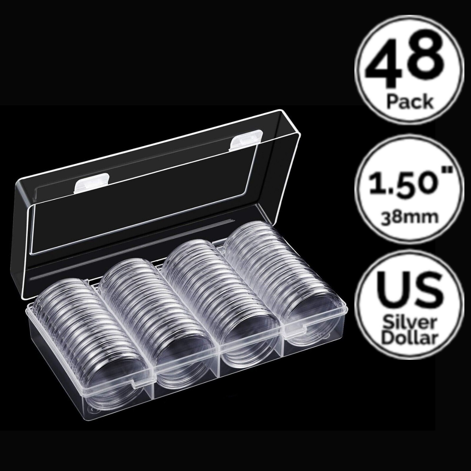 48 Pack 1.50 IN 38 mm Coin Capsules w/Case Fit 4 US Silver Dollar ...