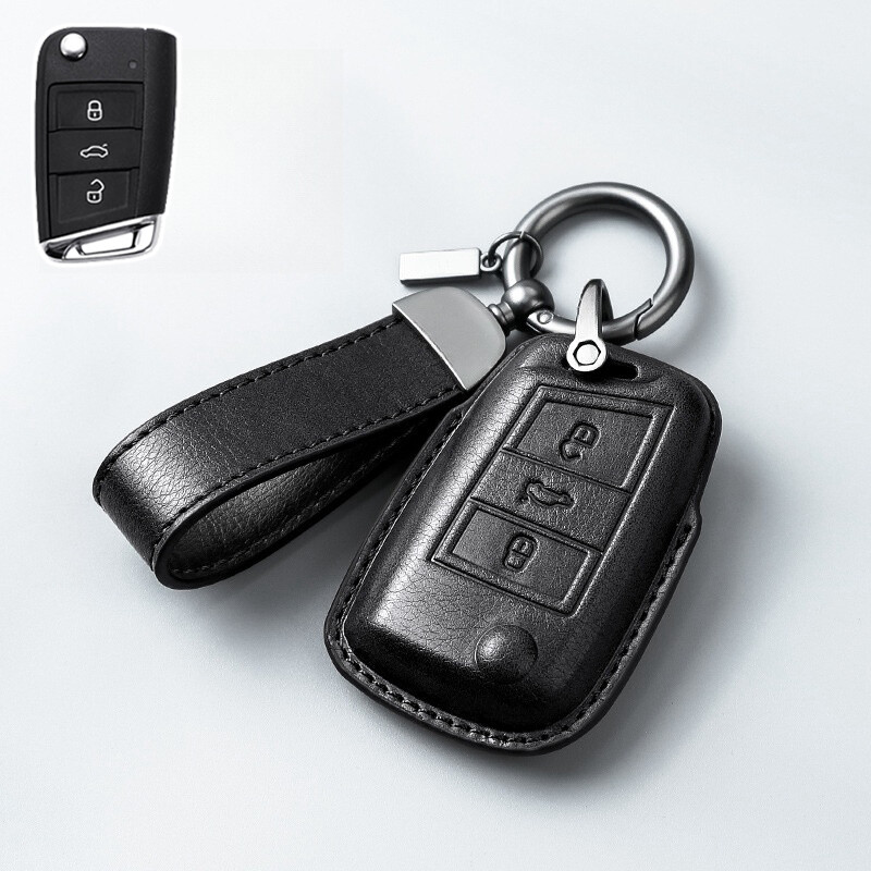 Genuine Leather Car Key Fob Case Cover For VW Tiguan Golf Polo Skoda ...