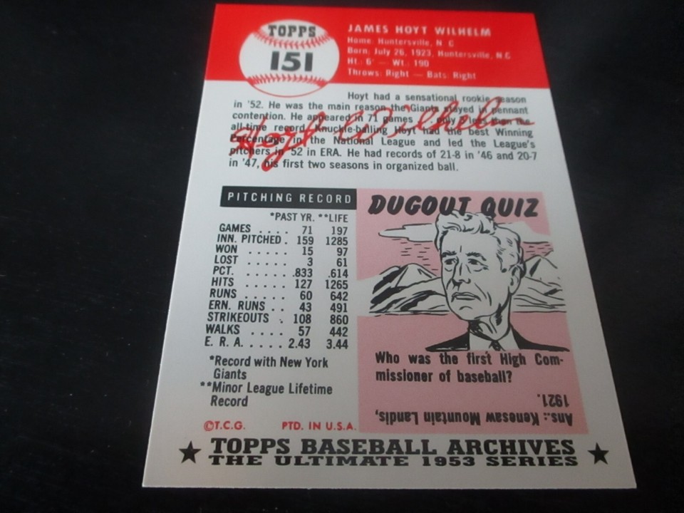 hoyt wilhelm (new york giants - p) 1953 TOPPS ARCHIVES reprint card ...
