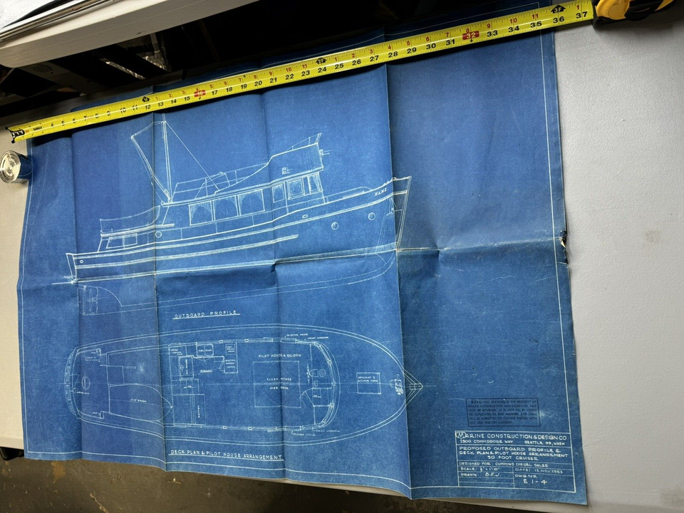 8 PC, 3 Blueprints! 1953 Plans 50 Foot ocean Cruiser Boat Yacht ...