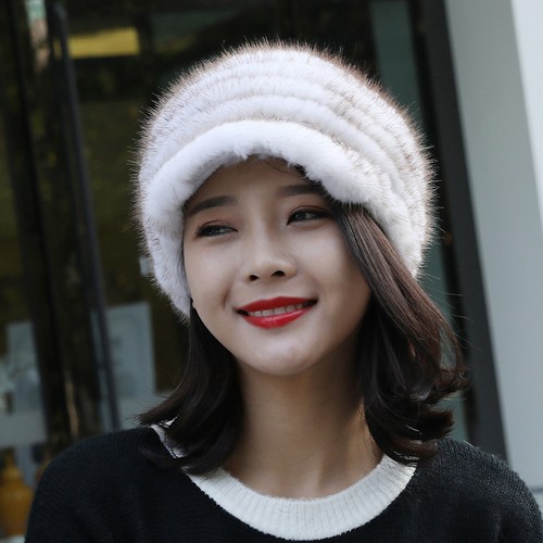 100% Real Mink Fur Hat Girl Winter Warm Knitted Peaked Cap Easy Match ...