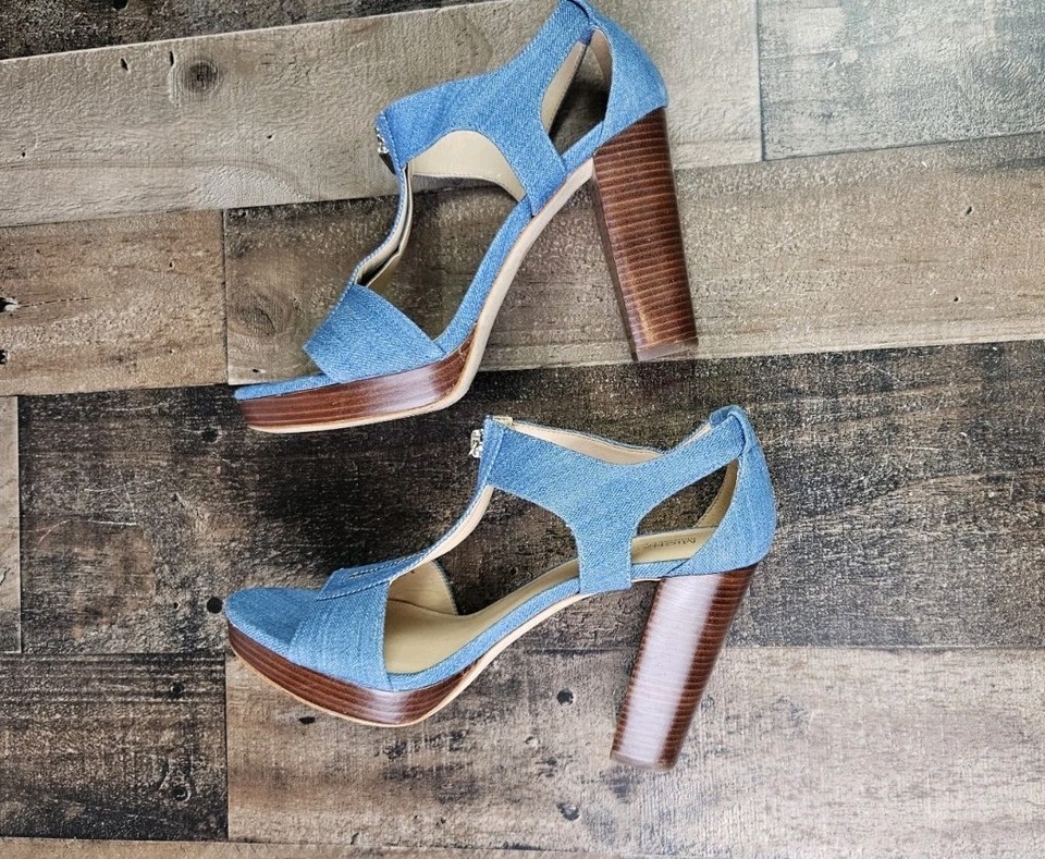 Michael KORS BERKLEY DENIM PLATFORM T STRAP GOLD LOGO ZIPPER SANDAL ...