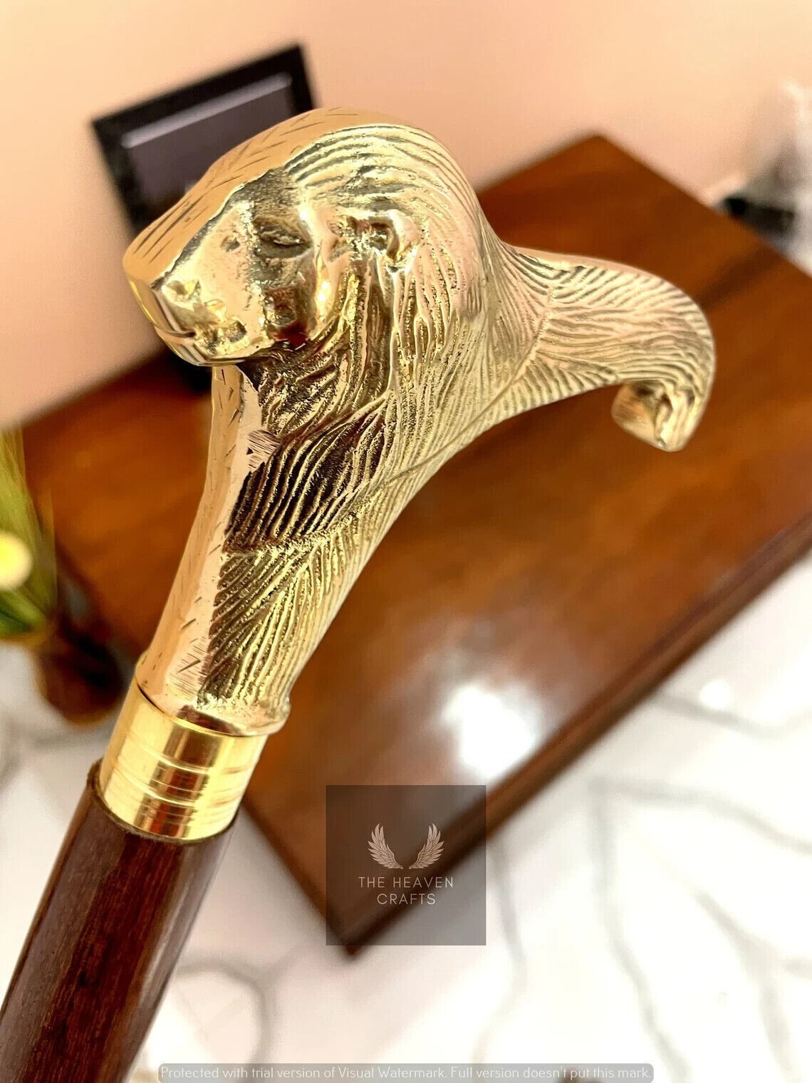Antique Solid Brass Lion Head Handle Walking Cane Bla… - Gem