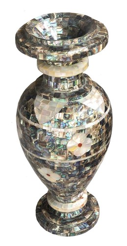 14" Marble Flower Vase Precious Paua Shell Stones Handmade Masterpiece ...