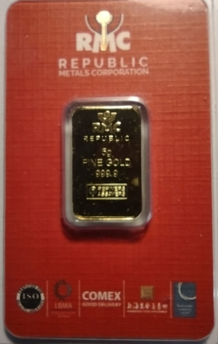 RMC -REPUBLIC METALS CORP. GOLD BAR 5 GRAM 999.9 - WITH SEALED ASSAY ...